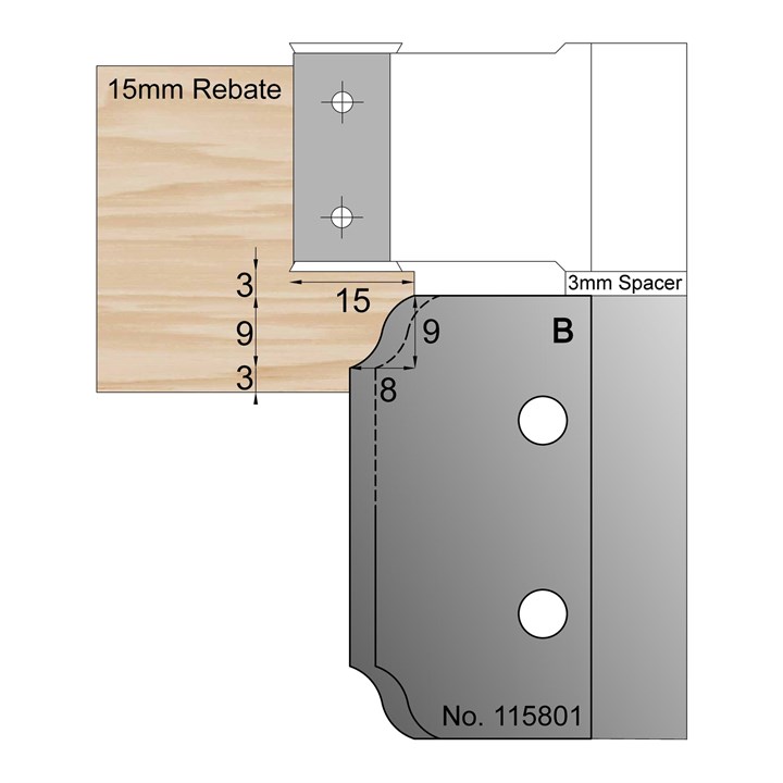 9 x 8mm for 15mm Rebate Lambs Tongue Window Profile Cutter in HSS - 115801